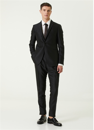 Palzileri Lab Erkek Siyah Geometrik Desenli Yün Takım Elbise 50 IT