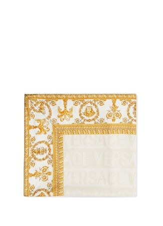 Versace Beyaz Logo Dokulu Barok Desenli Yün Battaniye