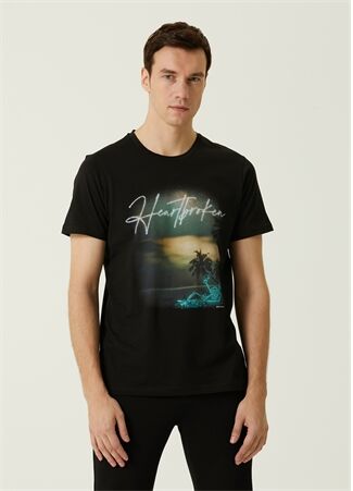 Academia Erkek Siyah Bisiklet Yaka Baskılı T-shirt XS EU