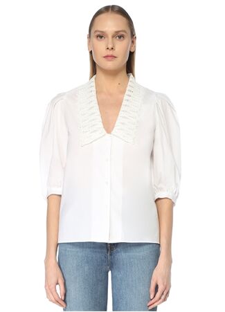 Sandro Kadın Beyaz V Yaka Nakışlı Karpuz Kol Gömlek 2 US