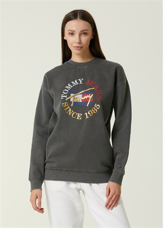 Tommy Jeans Kadın Siyah Logo Detaylı Organik Pamuk Sweatshirt S EU