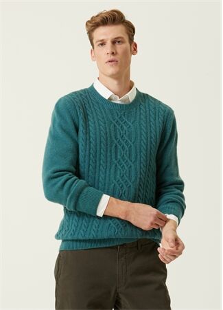 Beymen Collection Erkek Yeşil Saç Örgü Dokulu Kazak Mavi L EU