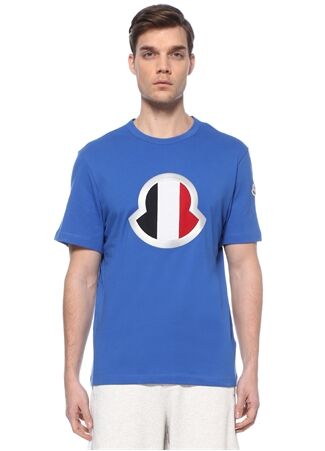 Moncler Erkek Mavi Bisiklet Yaka Logolu T-shirt S EU