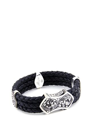 Boga Erkek SL Engraved Hamper Siyah Gümüş Rengi Deri Bileklik L EU