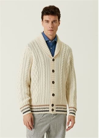 Brunello Cucinelli Erkek Krem Şal Yaka Yün Hırka Bej 50 IT