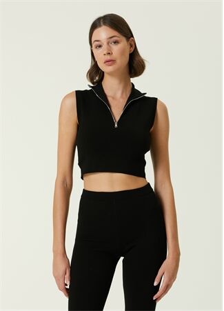 Prada Kadın Siyah Dik Yaka Fermuarlı Crop Triko 38 IT