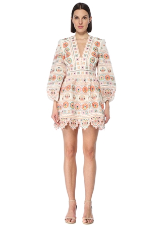 Zimmermann Kadın Brighton Plunge Beyaz Çiçek Nakışlı Mini Elbise 0 US
