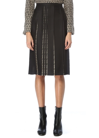 Salvatore Ferragamo Kadın Siyah Desenli Pilili Midi İpek Etek 42 IT