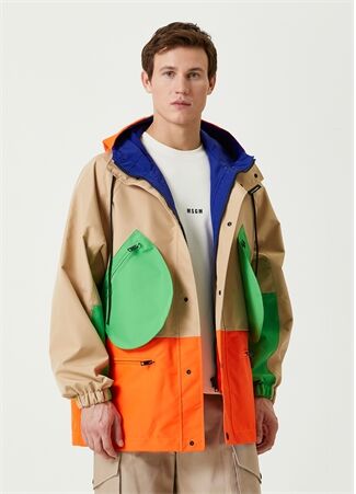 Msgm Erkek Colorblocked Kapüşonlu Pardösü Bej 54 IT
