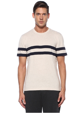 Brunello Cucinelli Erkek Bej Lacivert Şerit Detaylı T-shirt 54 IT