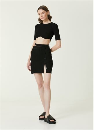 Adamo Kadın Siyah Bant Detaylı Düğmeli Mini Etek S Eu