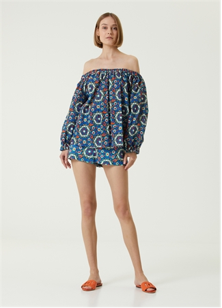 La Doublej Kadın Mavi Düşük Omuzlu Desenli Bluz M EU La Doublej Kadın Mavi Düşük Omuzlu Desenli Bluz M EU