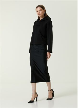 Academia Kadın Siyah Büzgü Detaylı Midi Jersey Etek XS