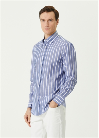 Brunello Cucinelli Erkek Mavi Çizgi Desenli Gömlek S EU