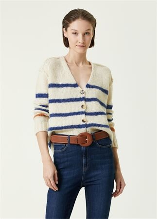 Maksu Kadın Marseille Ekru Mavi V Yaka Çizgili Hırka XS/S EU