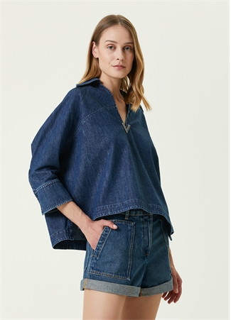 Valentino Kadın Mavi Logolu Denim Bluz 42 IT Valentino Kadın Mavi Logolu Denim Bluz 42 IT