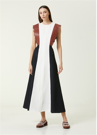 Chloe Kadın Kahve Beyaz Deri Garnili Midi Keten Elbise 38 It