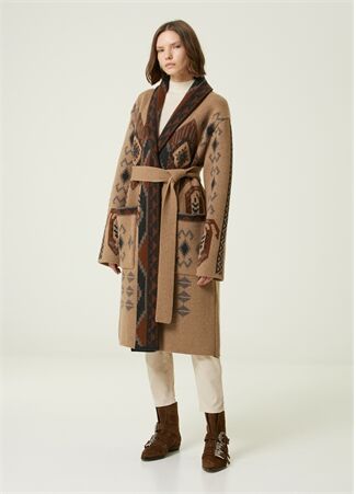 Etro Kadın Bej Şal Yaka Jakarlı Uzun Yün Ceket 42 IT