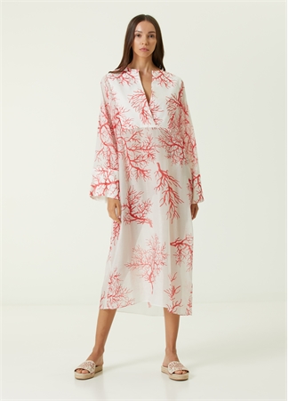 Valentino Kadın Beyaz V Yaka Mercan Desenli Midi Elbise Kırmızı 42 IT