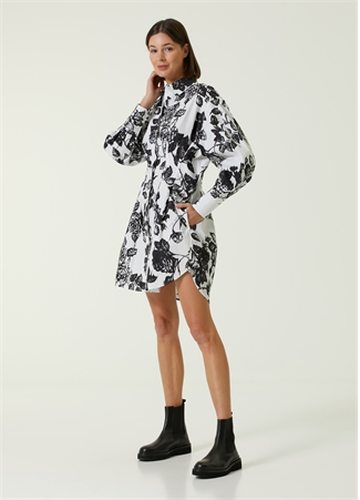 Msgm Kadın Siyah Beyaz Çiçekli Mini Gömlek Elbise 44 IT