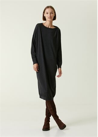 Brunello Cucinelli Kadın Antrasit Omuz Detaylı Midi Yün Jersey Elbise Gri XS EU