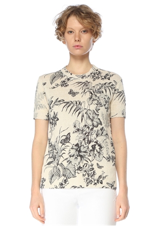 Etro Kadın Beyaz Etnik Desen Jakarlı Keten Kısa Kollu Triko 38 IT