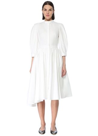 Alexander McQueen Kadın Beyaz Dik Yaka Pilili Midi Elbise 40 IT