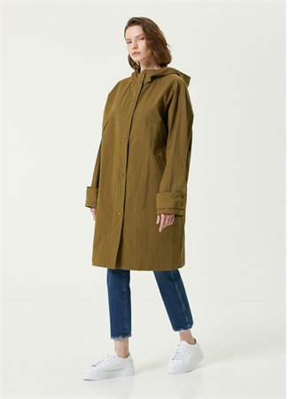 Michael Kors Kadın Yeşil Kapüşonlu Büzgü Detaylı Pardösü S EU