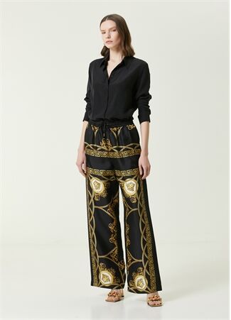 Versace Kadın Siyah Gold Desenli Bol Paça İpek Pantolon 38 IT
