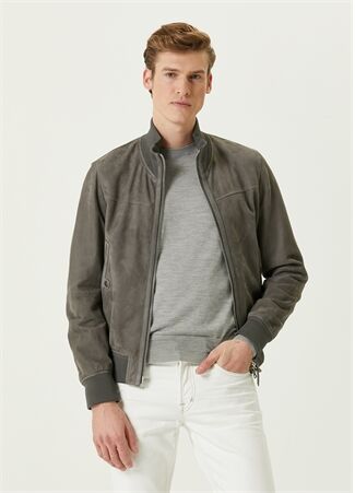 Tom Ford Erkek Gri Dik Yaka Deri Mont 48 IT