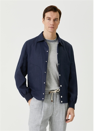 Brunello Cucinelli Erkek Lacivert Keten Dış Gömlek 54 IT