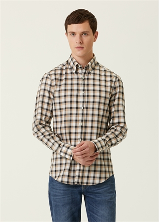 Brunello Cucinelli Erkek Lacivert Bej Düğmeli Yaka Kareli Gömlek XL EU