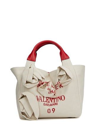 Valentino Garavani Kadın Medium Kırmızı Logolu Deri Omuz Çantası Bej EU