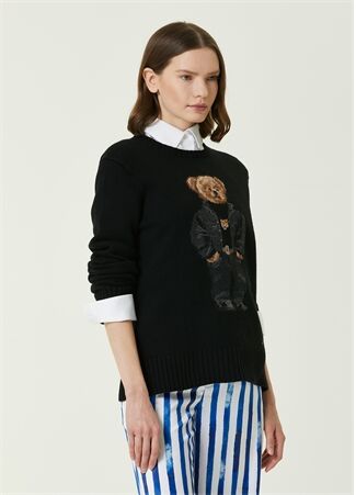 Polo Ralph Lauren Kadın Bear Siyah Bisiklet Yaka Yün Kazak XS EU