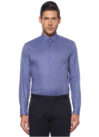 Pal Zileri Erkek Mavi Geometrik Desenli Gömlek 40 IT