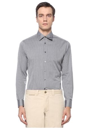 Pal Zileri Erkek Kahverengi Modern Yaka Çizgi Desenli Gömlek 44 IT