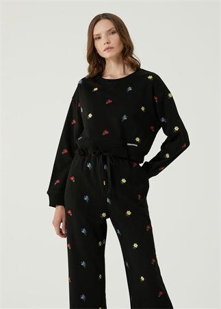 Red Valentino Kadın Siyah Çiçek Nakışlı Büzgülü Sweatshirt XS EU