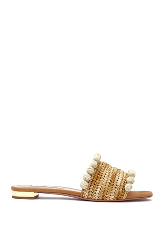 Aquazzura Kadın Bej Örgü Bantlı Ponpon Detaylı Terlik 36 EU