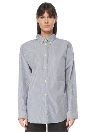 Balenciaga Kadın Mavi Beyaz Çizgili Çift Taraflı Gömlek 34 FR