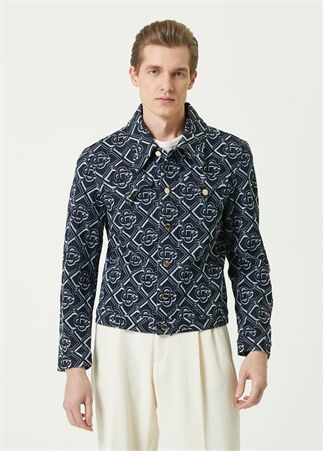 Casablanca Erkek Lacivert Logo Desenli Denim Ceket L EU