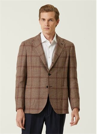 Lardini Erkek Kahverengi Kareli Yün Ceket Bej 48 IT