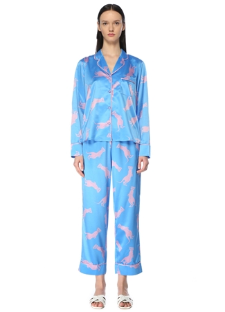 House of Silk Kadın Mavi Mirket Desenli Saten Pijama Takımı XS EU