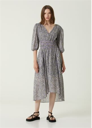 Maje Kadın Mavi V Yaka Çiçekli Midi Elbise 36 FR