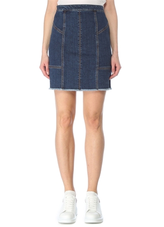Alexander McQueen Kadın Kontrast Dikişli Volan Detaylı Mini Denim Etek Mavi 42 US