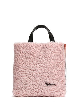 Marni Kadın Pembe Logolu Garnili Peluş Omuz Çantası EU Marni Kadın Pembe Logolu Garnili Peluş Omuz Çantası EU