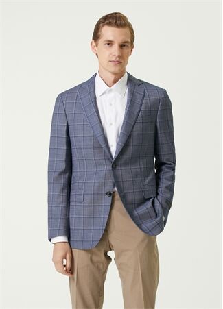 Pal Zileri Erkek Gri Kareli Yün Ceket Mavi 48 IT