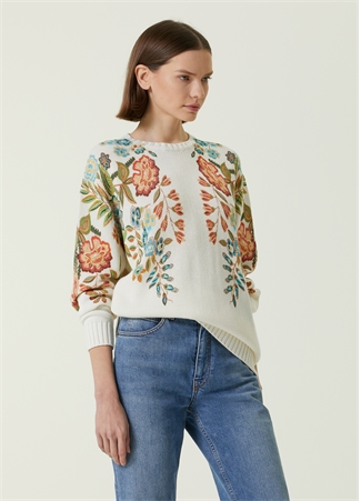 Etro Kadın Beyaz Bisiklet Yaka Çiçekli Kazak 48 IT