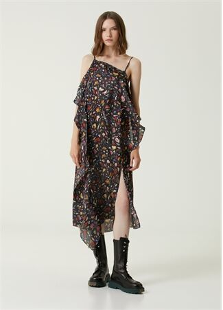 Off-White Kadın Siyah Çiçekli Asimetrik Midi Elbise 40 IT