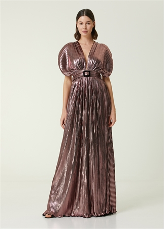 Nur Karaata Kadın Metalik Pembe Pilili Maksi Abiye Elbise S EU Nur Karaata Kadın Metalik Pembe Pilili Maksi Abiye Elbise S EU