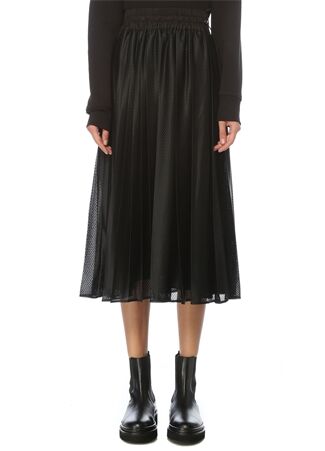 Moncler Kadın Siyah Beli Lastikli Pilili Midi Etek 42 IT